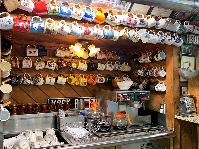 Rows of coffee mugs on display above the service counter tell stories of countless morning regulars who've claimed them.