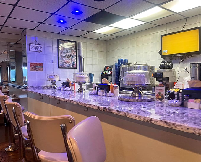 Classic diner counter seating where solo diners become part of the family, one cup of coffee at a time.