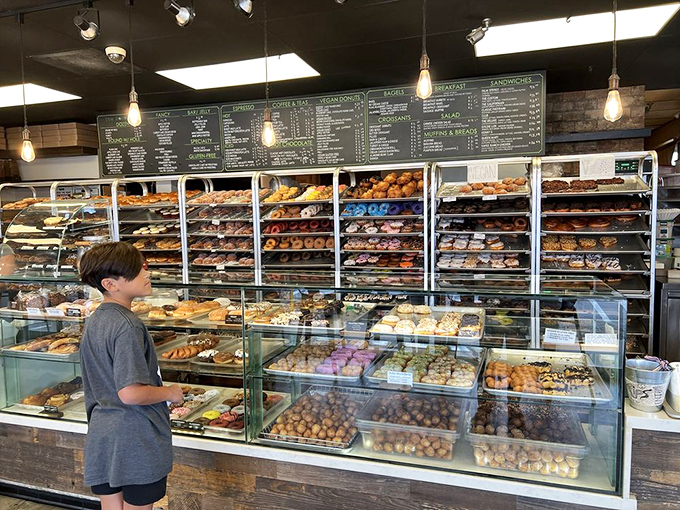 Multiple display racks stacked high mean your biggest problem isn't selection&mdash;it's choosing what to leave behind.