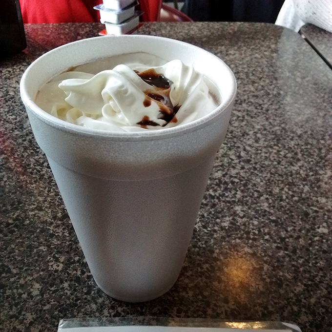 A milkshake topped with whipped cream and chocolate drizzle. Not so much a beverage as a life event. 
