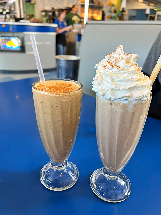 Milkshakes that understand the assignment. One sophisticated, one flamboyant – both delivering childhood joy with grown-up execution.