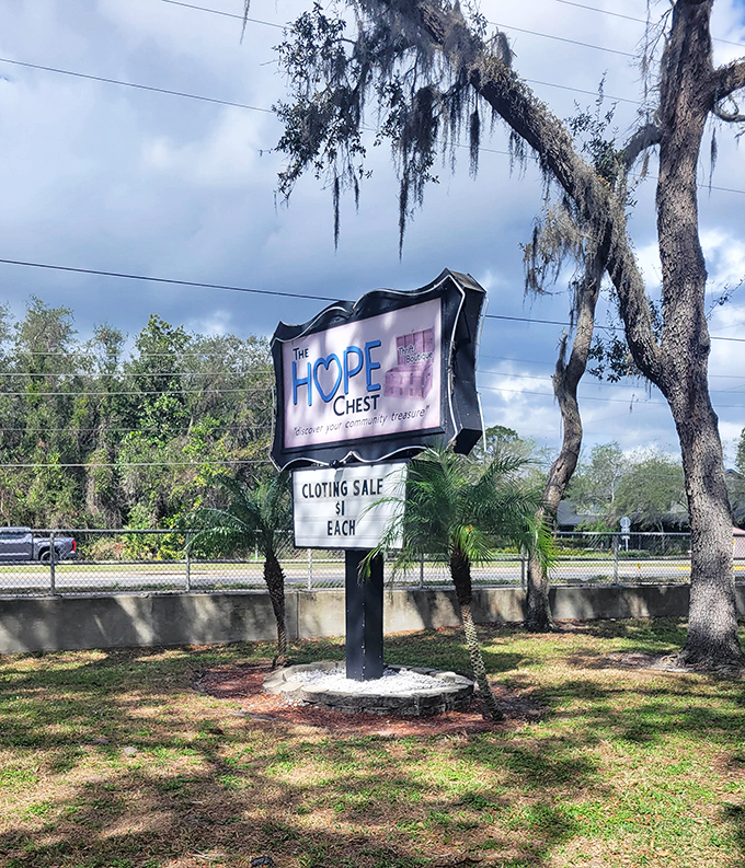 The HOPE Chest sign stands tall against Florida's dramatic sky &ndash; a beacon for bargain hunters throughout Central Florida.