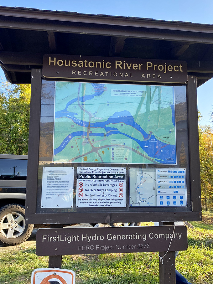 The Housatonic River Project sign reminds visitors that this natural playground comes with rules&mdash;though "no swimming" seems redundant in February.
