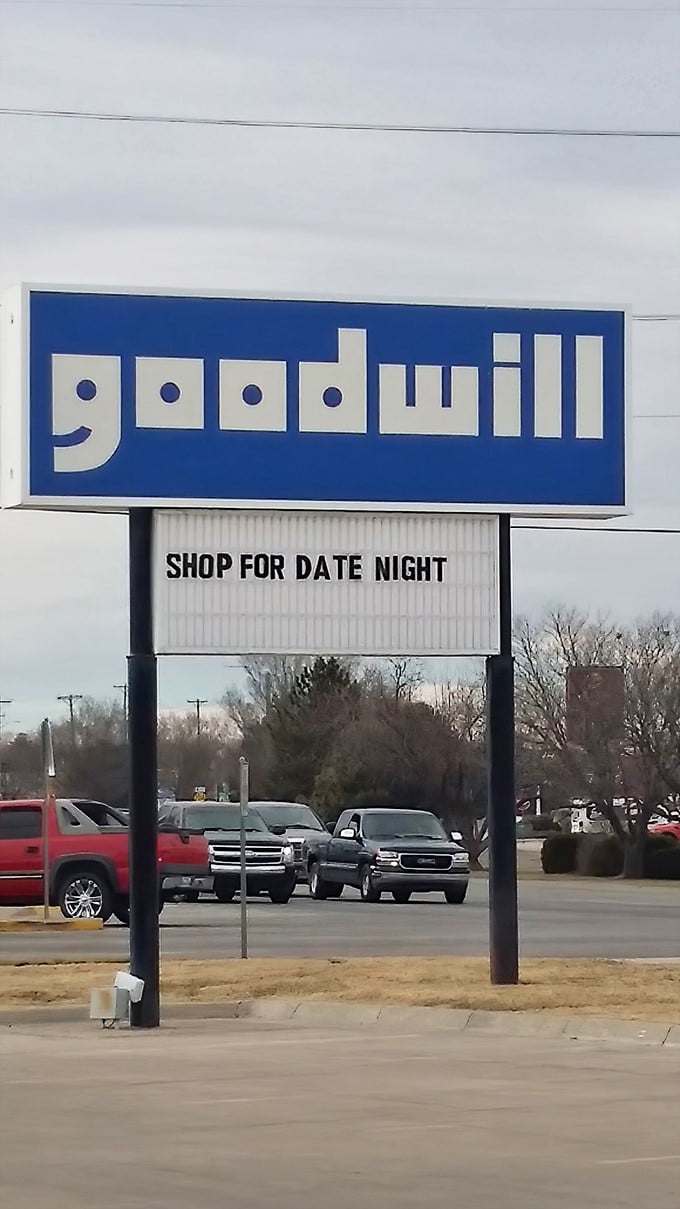 "Shop for Date Night" might be the most optimistic sign in Kansas. Romance and bargains&mdash;a match made in thrift heaven.