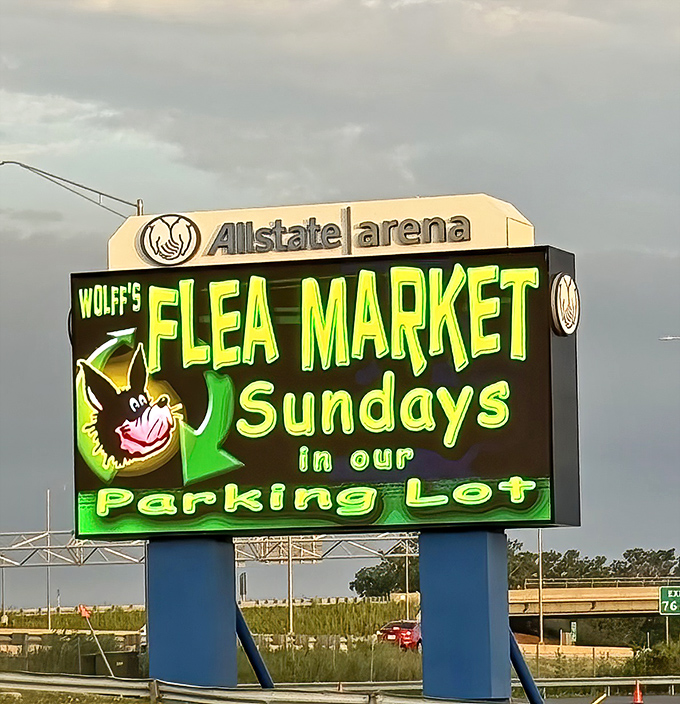 The beacon of bargains! Allstate Arena's digital sign lights up with the promise of Sunday treasure hunting at Wolff's.