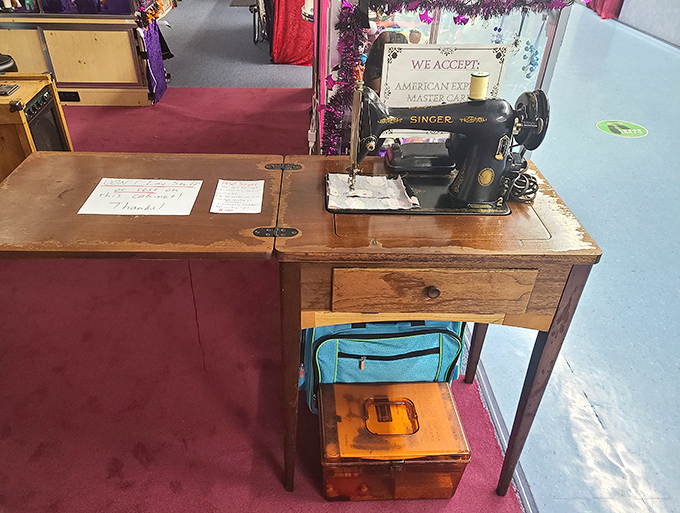 A vintage Singer sewing machine that's witnessed the creation of more prom dresses than any high school gymnasium. Still beautiful, still functional.