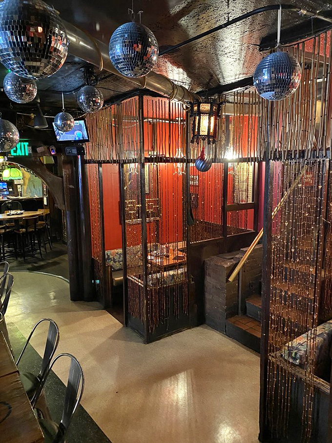 Disco balls overhead and beaded curtains create the perfect rendezvous point for spies needing refreshment. Or just friends meeting for dinner.