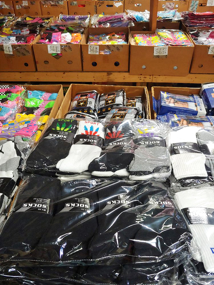Sock heaven exists! This cardboard kingdom of foot fashion proves that even the most practical purchases can spark joy when priced right.