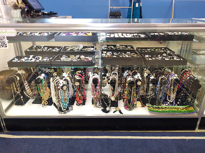 Jewelry displays glitter with potential statement pieces. That necklace might have attended a state dinner or just last year's prom&mdash;its stories unknown.