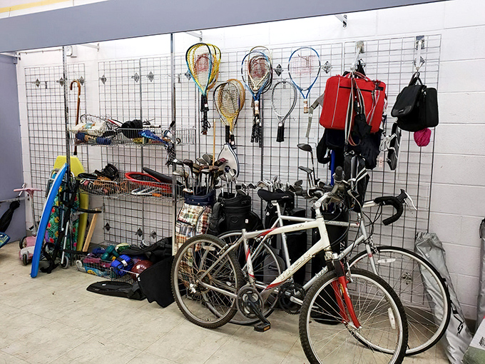 The sports equipment wall &ndash; where perfectly good tennis rackets and golf clubs await their second serve in life.