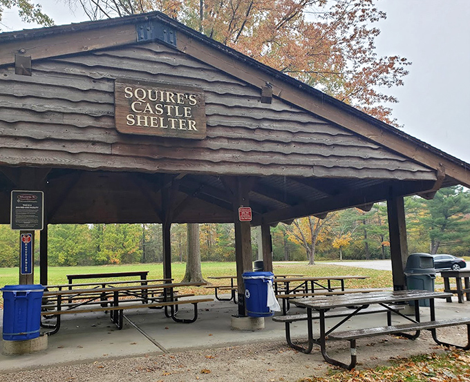 The nearby picnic shelter offers a practical place to enjoy lunch after storming the castle. No medieval feast required!