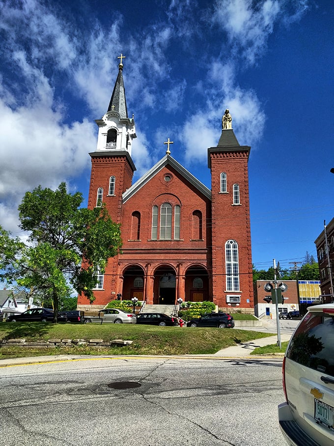 St. Anne's Church towers over the neighborhood, its twin spires reflecting Berlin's French-Canadian heritage that shaped this community.