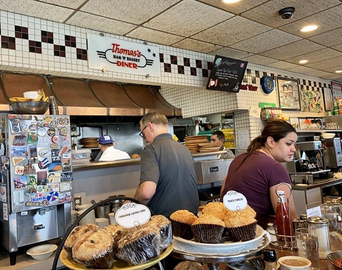 Behind the counter magic &ndash; where muffins tempt from under glass domes and coffee brews continuously, fueling Long Island one cup at a time.