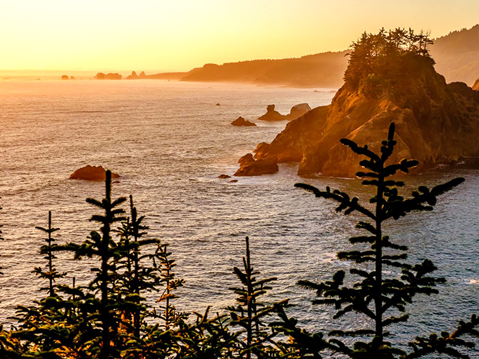 Sunset paints the Oregon coastline in golden hues, transforming an already spectacular view into something that borders on the spiritual.