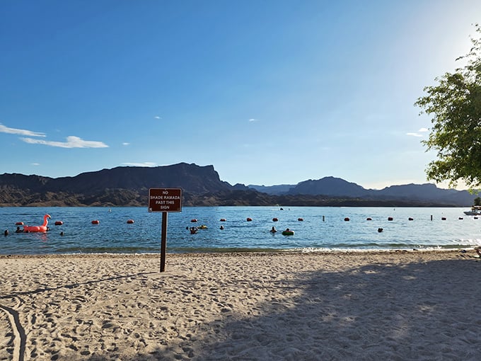 
No lifeguard on duty, just buoys, mountains, and the promise of cool relief from the desert heat. Swimming here feels like cheating the desert. 