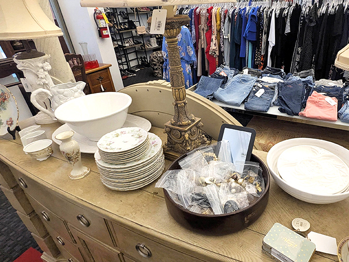 Grandmother's china meets contemporary collections on this dresser display&mdash;each piece hoping for a second chance at Sunday dinner.