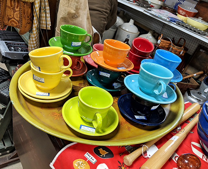 A rainbow of vintage Fiestaware that makes modern dishes look like they're not even trying. Dinner parties were serious business back then.