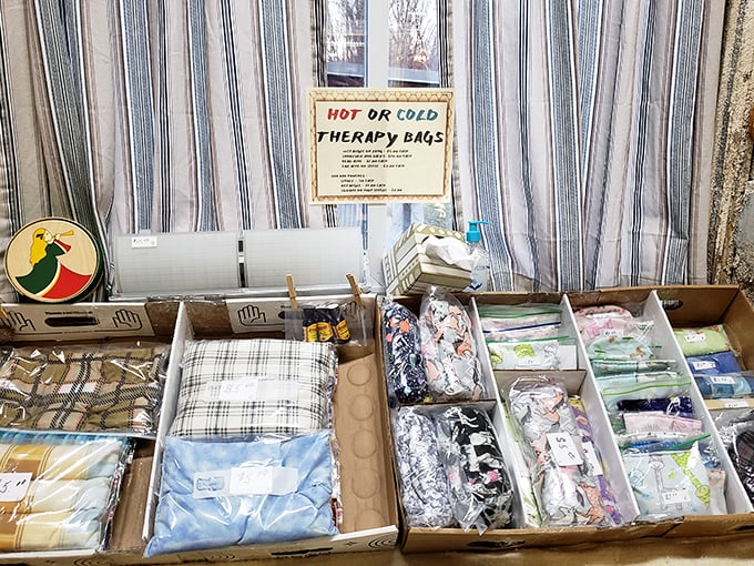 Handmade therapy bags lined up like soldiers &ndash; ready to provide comfort whether you're nursing a headache or just need a warm hug for your shoulders.