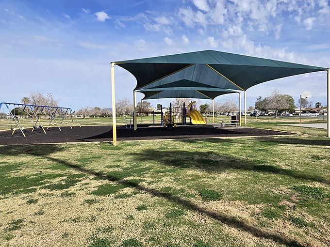 Todd Park's shaded playground area offers merciful protection from the desert sun, where kids can play without turning into little human puddles.