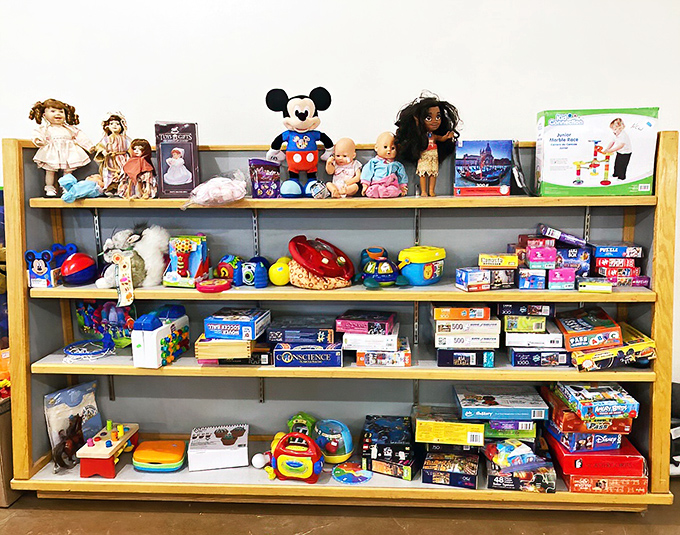 Toy shelves that would make Santa's workshop jealous&mdash;Mickey Mouse himself seems surprised by the quality and variety surrounding him.
