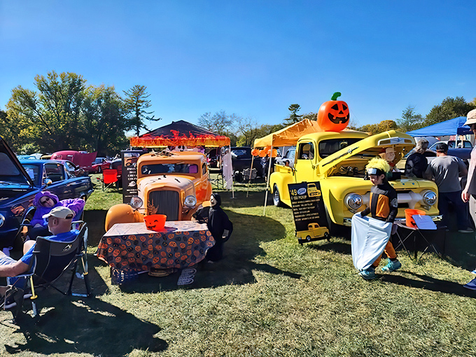 The Truck-n-Treat Autoshow transforms an ordinary field into a carnival of vintage chrome, where pumpkins and pickup trucks create Halloween magic.