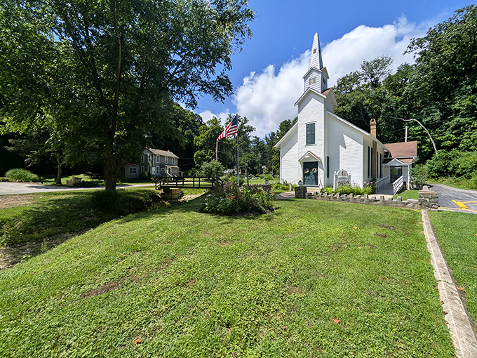 The white clapboard Methodist Church with its soaring steeple has been Elsah's spiritual anchor since horse-and-buggy days.