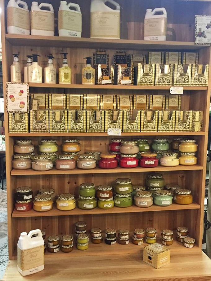 Soaps, candles, and home fragrances line these shelves – because even nostalgia hunters appreciate modern scents after browsing dusty treasures.