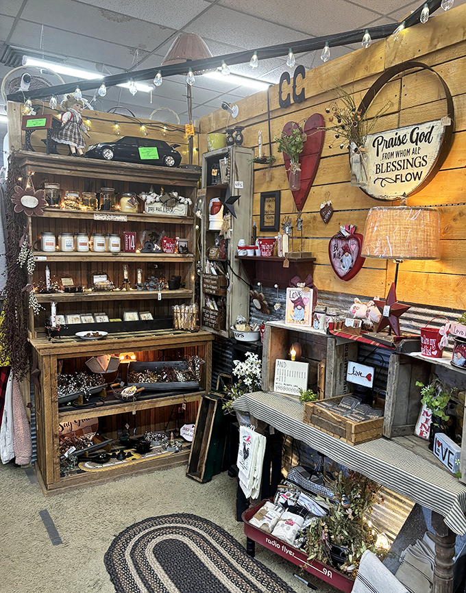 Rustic wooden shelves display inspirational signs and country decor that would make Joanna Gaines nod in approval.
