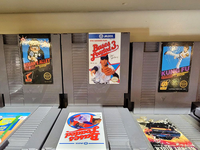 Nintendo cartridges lined up like soldiers of entertainment. Each gray rectangle holds adventures that defined childhoods and shaped a generation of gamers.