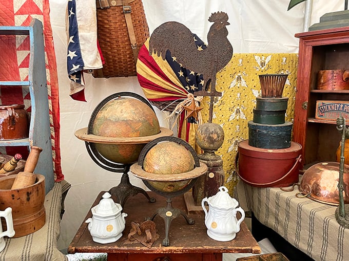 Americana at its finest&mdash;vintage globes, patriotic weathervanes, and antique teapots create a Norman Rockwell scene you can actually buy.
