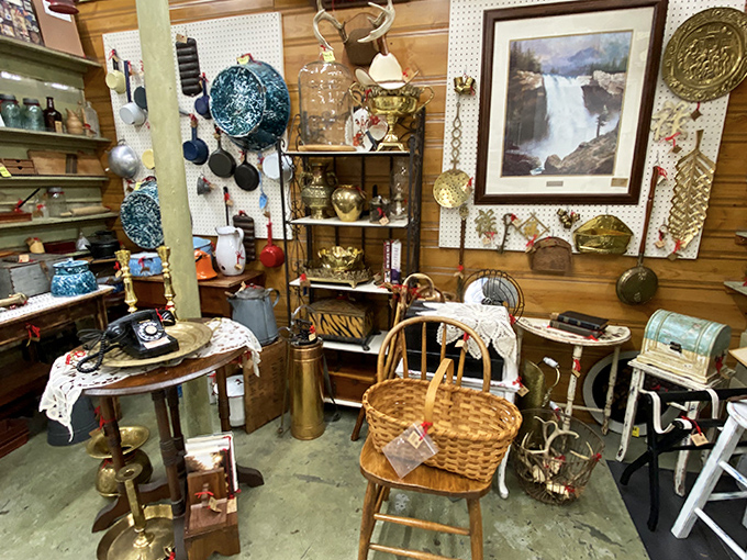 Vintage kitchen items and brass pieces create a corner that'd make any farmhouse enthusiast weak in the knees.
