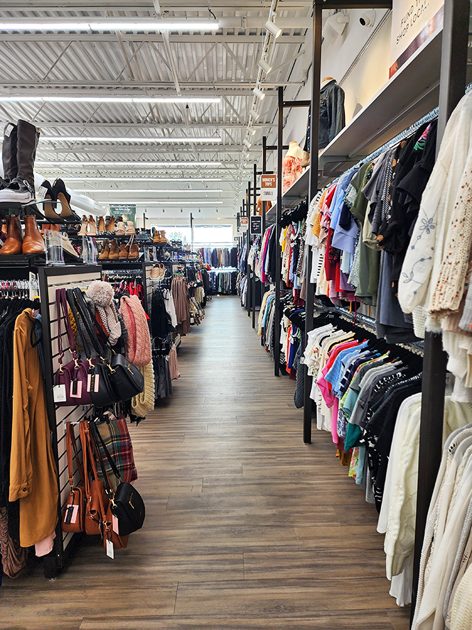 Wide, welcoming aisles invite exploration without the claustrophobia of typical thrift stores. Treasure hunting with breathing room!