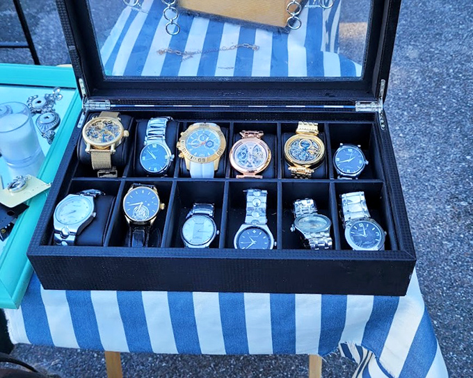 Time stands still in this display case. Watches of every style await new wrists, proving that in the age of smartphones, wearable timepieces still tick on.