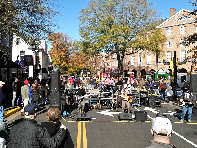 Live music in the streets&mdash;Easton's version of a traffic jam. The only honking here comes from saxophones.