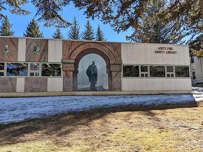 The White Pine County Library's mural facade suggests that even in the digital age, the most reliable portal to other worlds is still a good book.