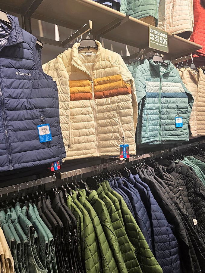 A rainbow of Columbia jackets hanging in perfect formation&mdash;each one whispering, "Oklahoma winters aren't that mild, you know."