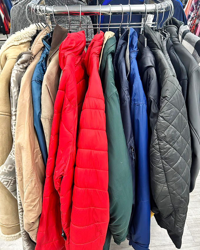 Winter coat selection that spans the color spectrum. That red puffer might have cost someone three digits, but your wallet will barely feel the chill.
