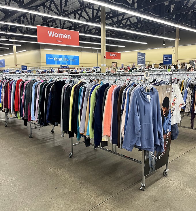 The women's clothing section: a textile time machine where fashion trends from every decade peacefully coexist under fluorescent lighting.