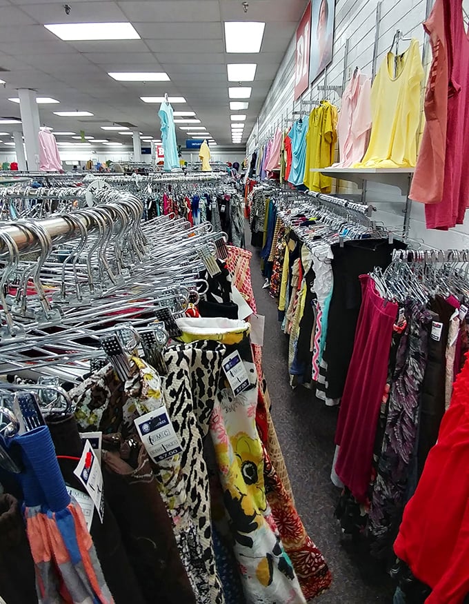 The women's clothing section: a rainbow of options where vintage treasures hide among last season's castoffs like diamonds in the rough.