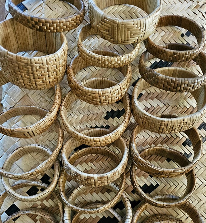 Traditional Hawaiian lauhala weaving transformed into wearable art. These handcrafted bangles connect modern fashion to ancient island techniques.