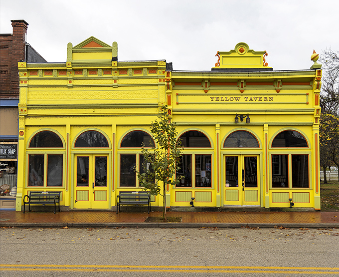 The Yellow Tavern stands out like a sunbeam on Main Street. This cheerful landmark proves that utopian communities weren't against having a good time.
