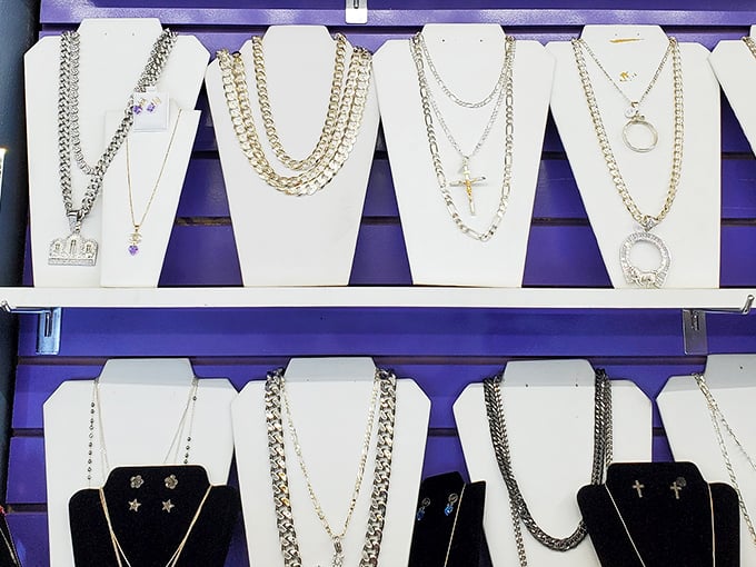 Jewelry displays gleam under fluorescent lights, offering sparkle without the department store markup or snooty salespeople.