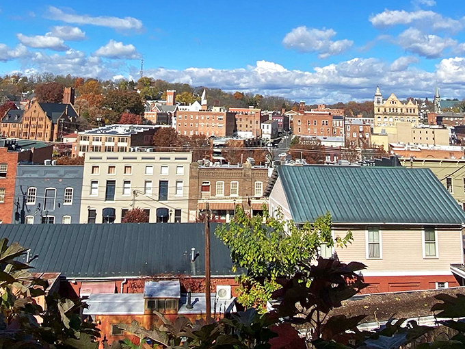 From above, Staunton unfolds like a miniature movie set &ndash; red brick buildings, church spires, and autumn colors creating a patchwork quilt of small-town America.