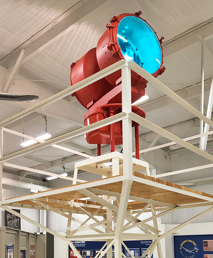 This restored airway beacon once guided pilots through Indiana's night skies like a lighthouse for airmen, a brilliant ruby star pointing the way home. 