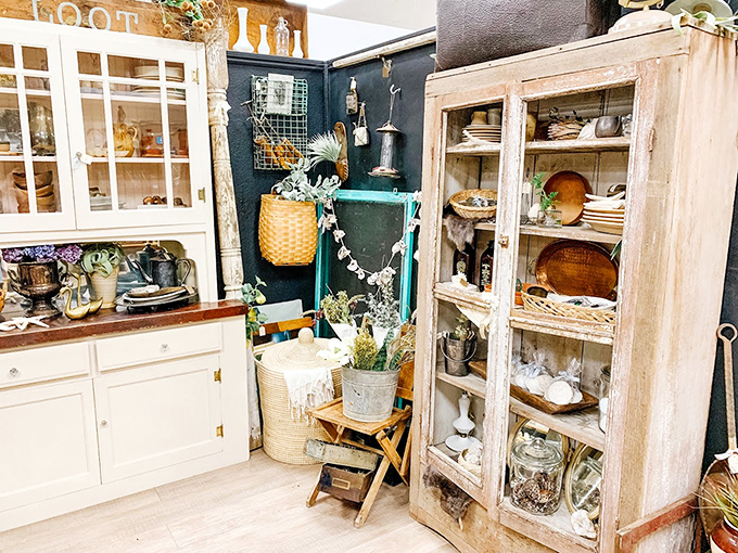 This farmhouse-inspired corner feels like it was plucked straight from a design magazine – rustic charm with a sophisticated edge.