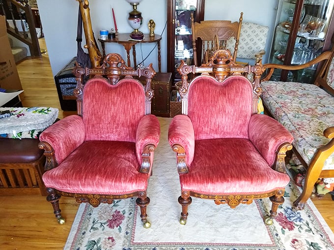 Twin red velvet thrones fit for royalty&mdash;or at least for watching Jeopardy in supreme comfort.