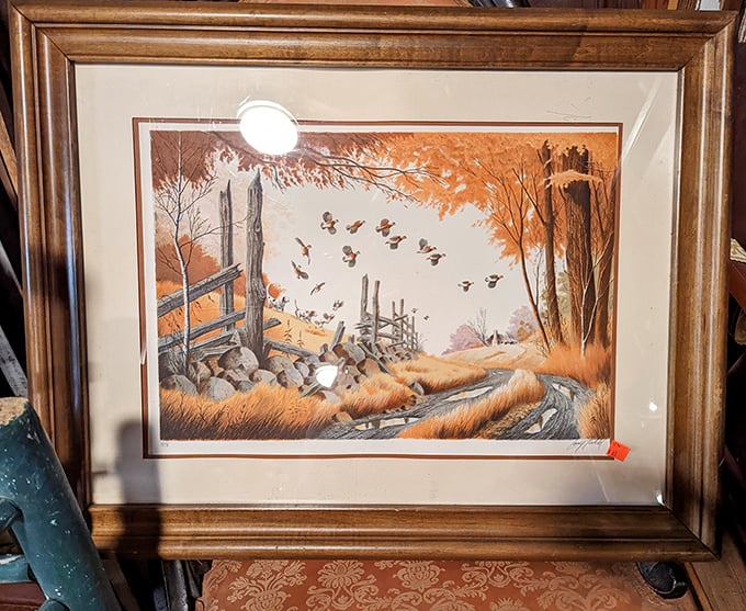 This autumn landscape painting captures that perfect North Carolina moment when nature puts on her most spectacular wardrobe change.