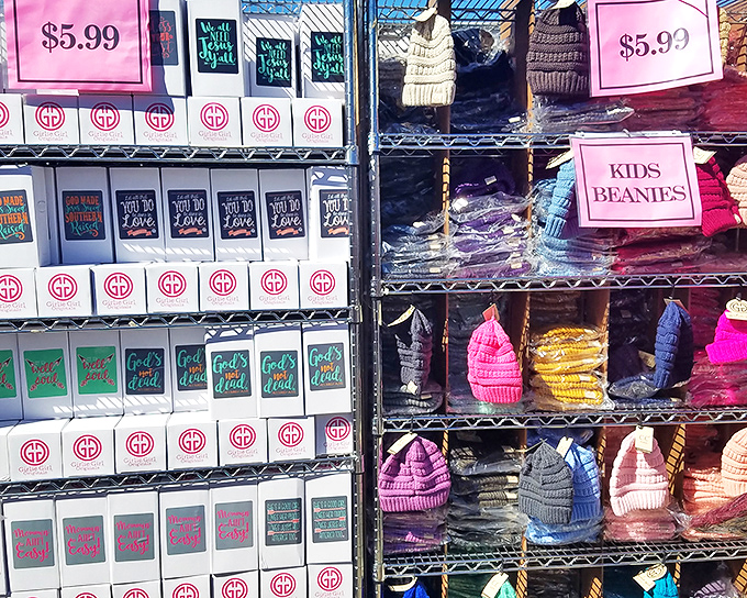 Colorful kids' beanies and inspirational signs await treasure hunters at Canton Flea Market's endless array of affordable finds.