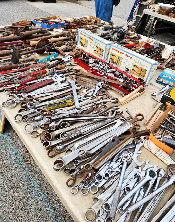 Tools with stories to tell. That wrench probably helped build someone's dream deck&mdash;now it awaits its second act.