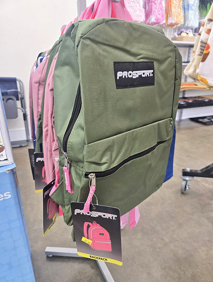Brand new backpacks with tags still attached—proof that "secondhand" sometimes just means "smart shopping" at Goodwill.